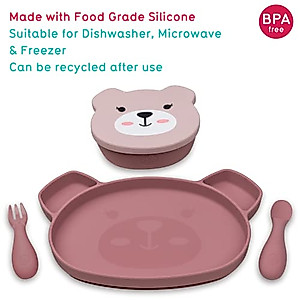TUM TUM Baby Dinner Set for Weaning, Includes Silicone Suction Plate & Bowl, Baby Cutlery, 6 Months Plus, Dishwasher Safe, BPA Free (Betsy Bear)