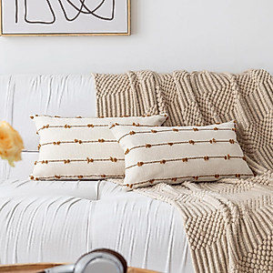 YEENAASY Boho Throw Pillow Covers 12x20 Set of 2 Modern Farmhouse Decorative Cushion Case Tufted Square Pillows Cover Neutral Pillow Cases Accent Pillowcase for Sofa,Couch,Bed,Beige and Brown