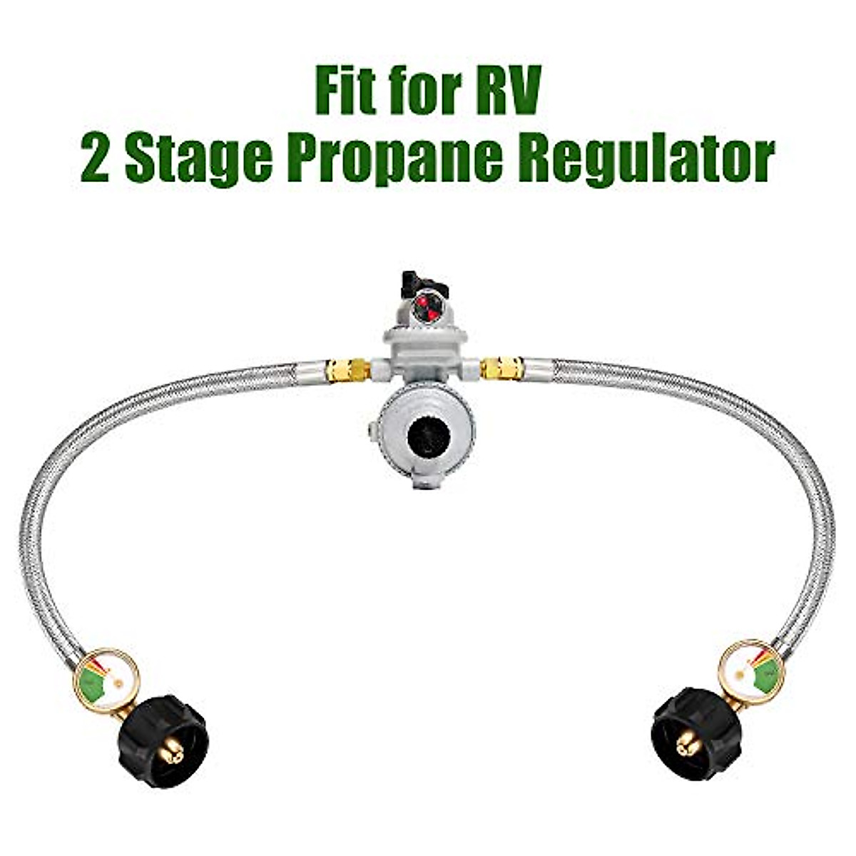 WADEO RV Propane Hose with Gauge, 15 Inch Stainless Steel Propane Pigtail Connects Propane Cylinder to 2 Stage Propane Regulator or Appliance with 1/4 Inch Inverted Male Flare, 2-Pack