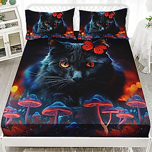 AILONEN Black Cat Fitted Sheet Full Size, Cat with Butterfly Bedding Set for Teens Boys Girls,Magic Mushroom Bed Sheet Set,Boho Style Starry Night Bedsheets Set,1 Fitted Sheet and 2 Pillowcases