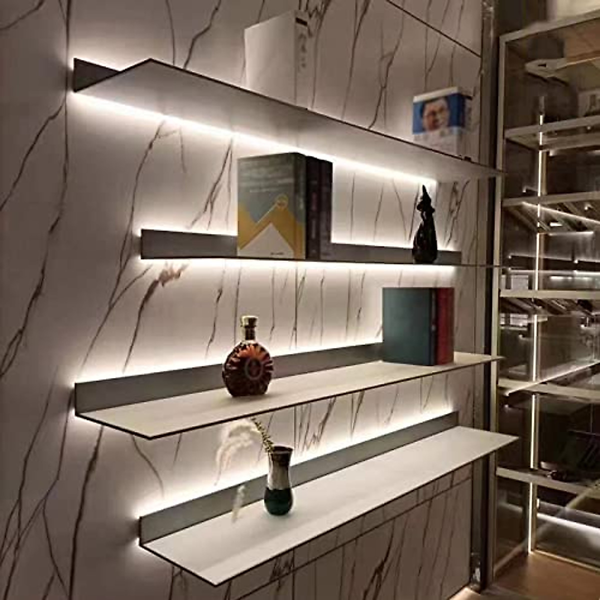 SLVUAFRN Floating Display Shelf with Built-in Illuminated LED Light and Transformer, Metal Wall Mounted Light-Emitting Shelves, Lighted Display Stand for Entrance Bar Countertop Living Room Bathroom…