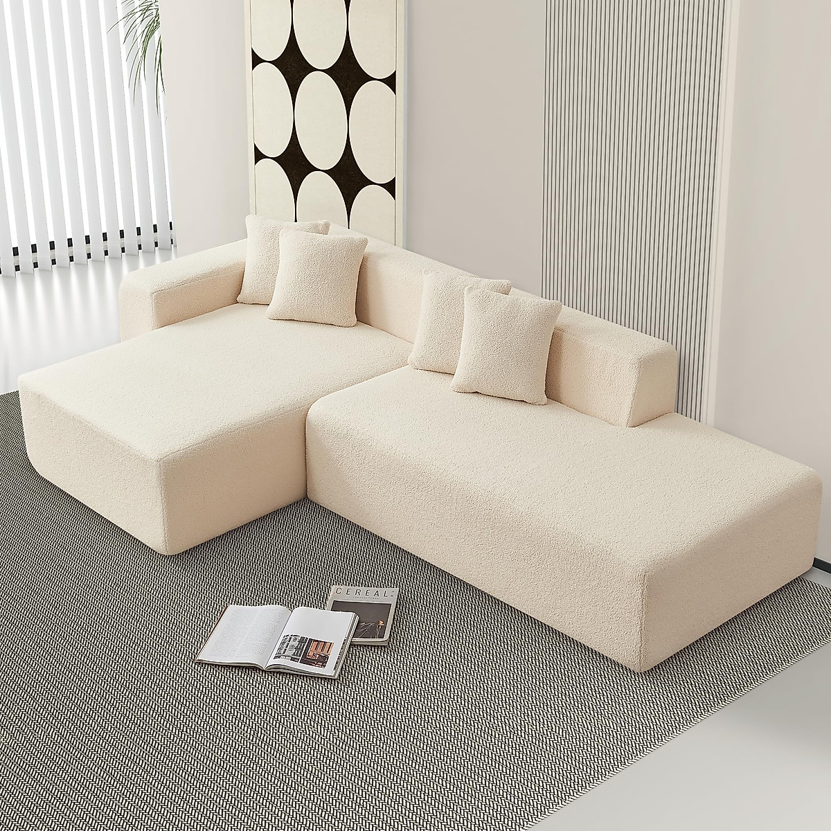 VASOENY 105.5 X 60.2'' L Shaped Sectional Sofa, Sherpa Fabric L Shaped Couch, 3 Seat Corner Sofa Couch, Modern Upholstered Couch with 4 Pillow Left Hand Lounge for Living Room, Office