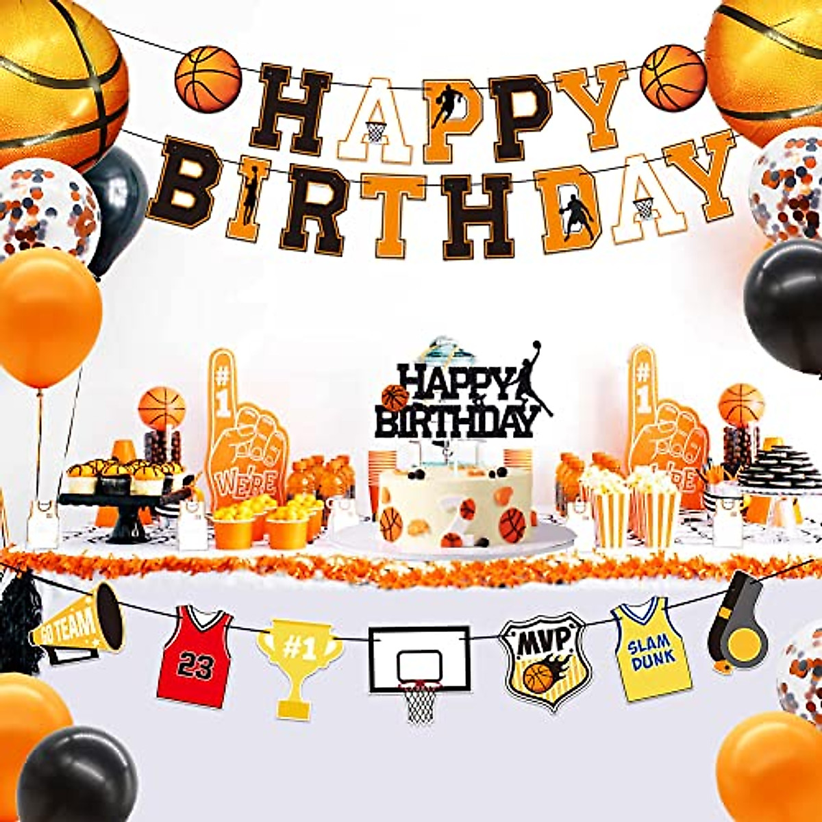 Basketball Birthday Party Decorations Supplies for Boys - Sports Basketball Theme Happy Birthday Banner Cake Topper Balloons Party Pack- Game Day Themed Birthday Baby Shower Photo Props Party Supplies