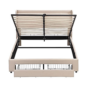 BOVZA Queen Size Lift Upholstered Platform 2 Drawers, Modern Wingback Headboard, Hydraulic Storage Bed Frame, Linen Beige