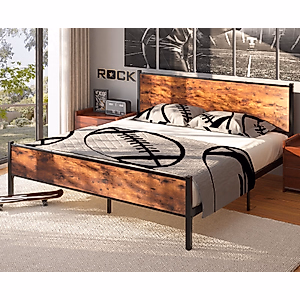 Wokerwie Full Size Wood Platform Bed Frame, with Retro Wooden Headboard and Footboard, Stable Metal Frame Support, No Box Spring Needed, Large Under Bed Storage, Easy Assembly, Noise Free, Brown