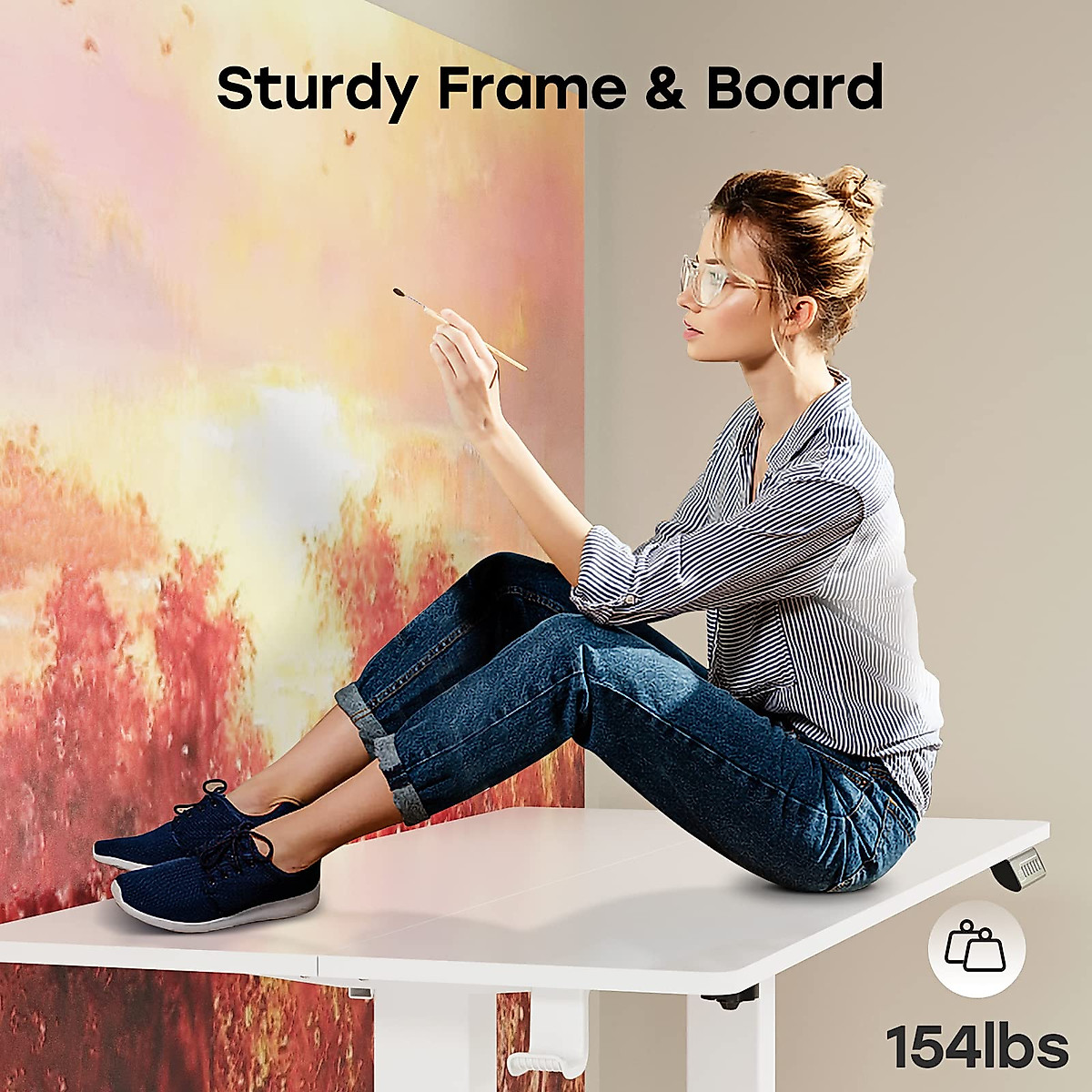 JYLH JOYSEEKER White Standing Desk, 48 X 24 Inch Adjustable Height Electric Desk, Sit Stand Desk with Splice Board and 2 Hooks, Ergonomic Rising Desk for Home Office