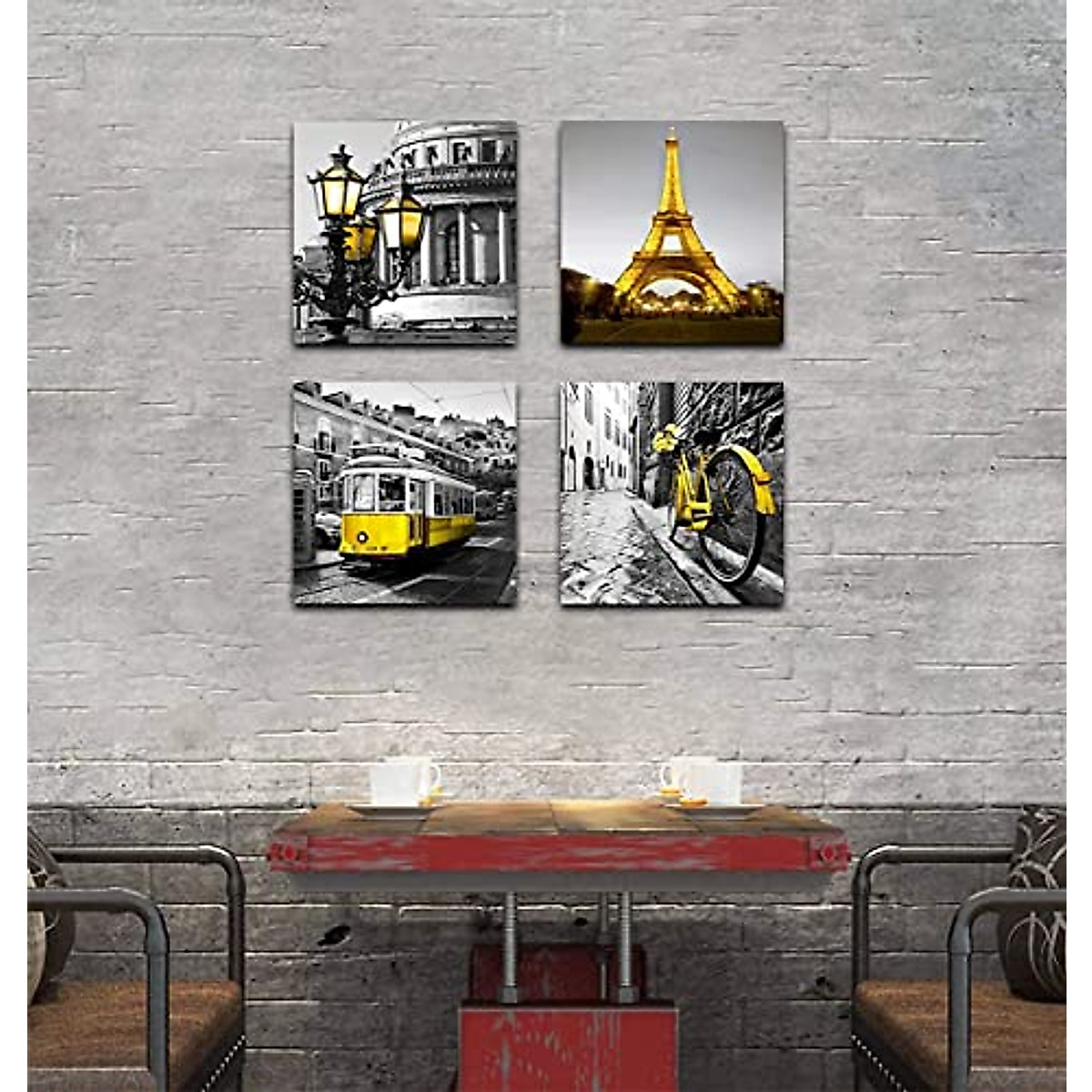 YMYXMC33 Decor Bedroom Paris Eiffel Tower Canvas Print Black and White Wall Art London Landmark Building Yellow Lighting Old Tram Yellow Rose Bicycle Picture Decoration Living Room 12"x12"x4