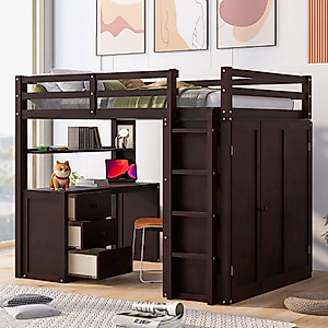 Merax Loft Bed Full Size Adult, Wooden Frame with Desk and Storage, Space-Saving Design with Wardrobe & 3 Drawers, for Teen Girls & Boys(Espresso)