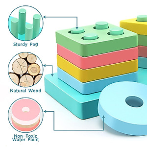 LinseyFun Wooden Stacking Sorting Toys for Toddlers 1-3, Wood Baby Stacking Blocks, Montessori Toys for 1 2 Year Old Boys Girls