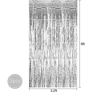 TONIFUL 3Pcs Silver Door Streamers,Silver Photo Booth Backdrop Metallic Streamers Silver Foil Fringe Curtains for Birthday,Christmas,New Year,Bachelorette,Grad Party Streamers Decor(9.9ft x 8.2ft)