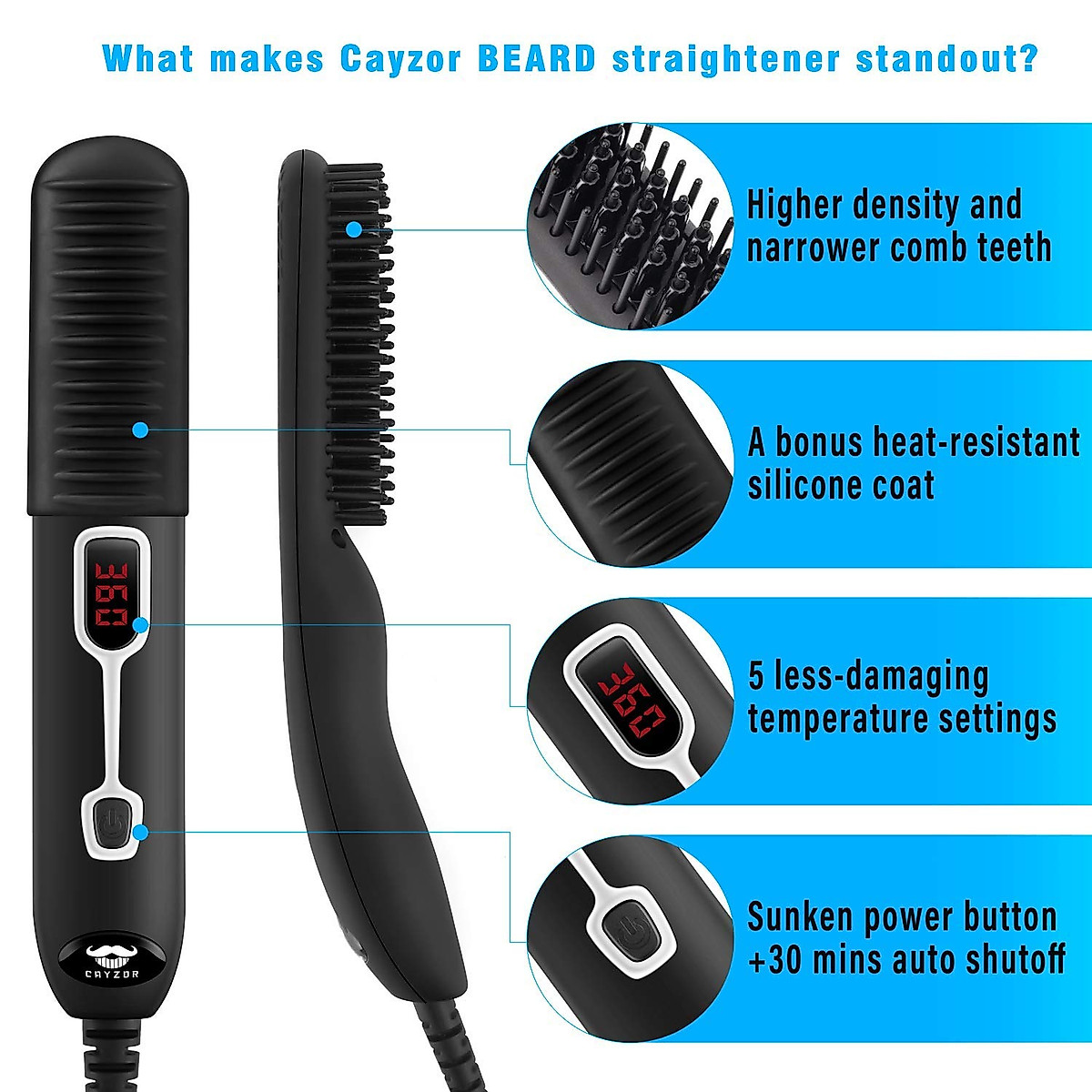 Cayzor Beard Straightener Comb for Men - Upgraded Professional Electric Mens Beard Straightening Heated Brush Portable Anti-Scald 5 Adjustable Temperatures & LCD Display with Carrying Bag