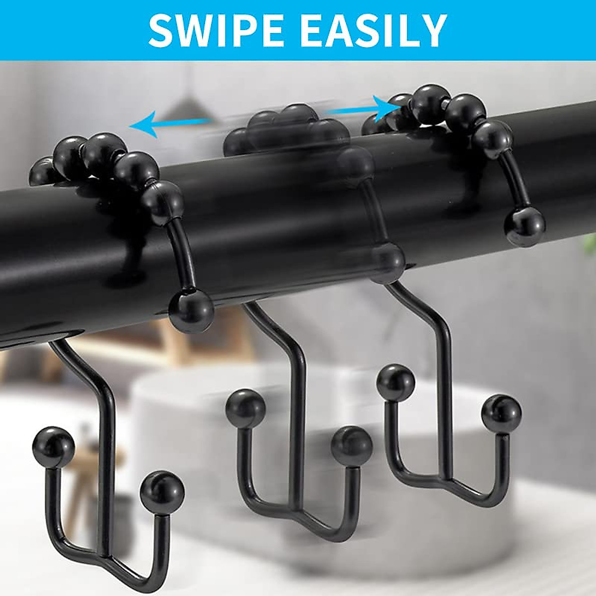 HAOBAOBEI Shower Curtain Rings Hooks, 12 Pack Bathroom Double Curtain Hooks for Christmas Shower Curtain Liner, Metal Rust-Resistant Roller Ball Sliding Hooks for Bathroom Shower Curtains Rods (Black)