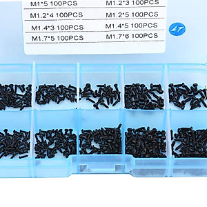 1000pcs Screws, M1 M1.2 M1.4 M1.7 Stainless Steel Cross Drive Pan Head Self Tapping Screws Kit with Box for Machine Woodworking Fastener