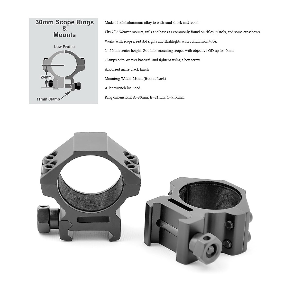 GOTICAL Ruger 10/22 Weaver and 3/8" Dovetail Mount Dovetail Predrilled Receiver Rail Mount Adapter (Black) (Rugar Rail with 30 mm Low Profile Rings)