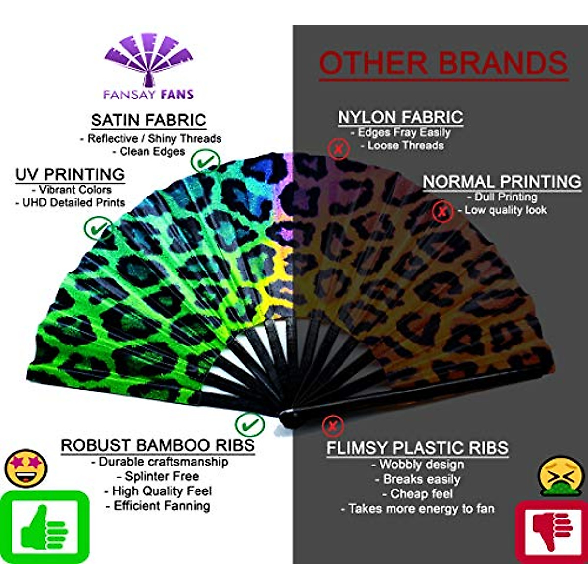 Fansay Fans - Large Hand Folding Fan for Men/Women Chinese/Japanese Bamboo with Leather Cloth Fabric Dance Festival Fan Handheld Folding Fans (Rainbow Cheetah)