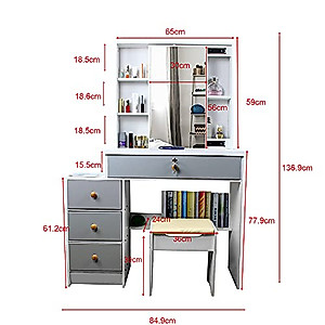 YAMISSI Dressing Table Dresser Desk with Lights, Multifunctional Vanity Table Makeup Desk Set with 3 Drawers, Large Sliding Mirror and Soft Cushioned Stool for Girls and Women.