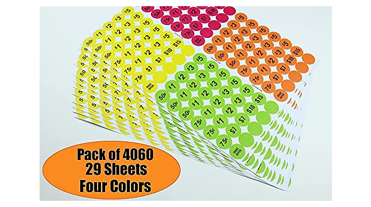 Garage Sale Price Stickers Pack - Bright Colors, 4060 Stickers