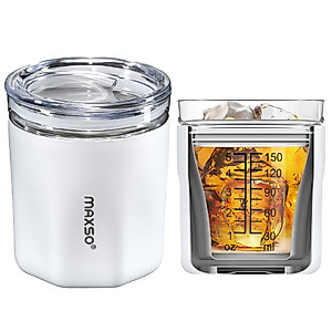 MAXSO Insulated Wine Tumbler with Glass Insert & Sip Lid - Cocktail Whisky Wine Bourbon Gift for Man Woman - 8.8 oz Vacuum Stainless Cup with Stemless Wine Glass Keeps Cold & Hot (White)