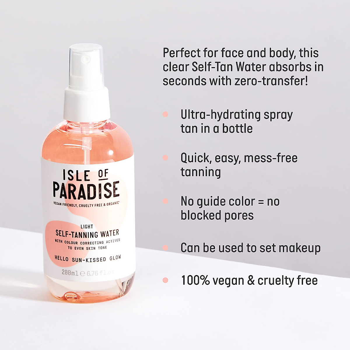 Isle of Paradise Self Tanning Water, Light (Sunkissed Glow) - Color Correcting Self Tan Spray for Bright and Even Skin, Vegan and Cruelty Free, 6.76 Fl Oz