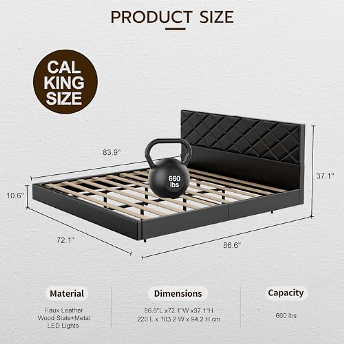 IKIFLY California King Floating Bed Frames with 2 USB Ports - Upholstered Faux Leather Cal King Platform Bed with LED Lights, No Box Spring Needed, Solid Wood Slats, Easy Assembly - Black