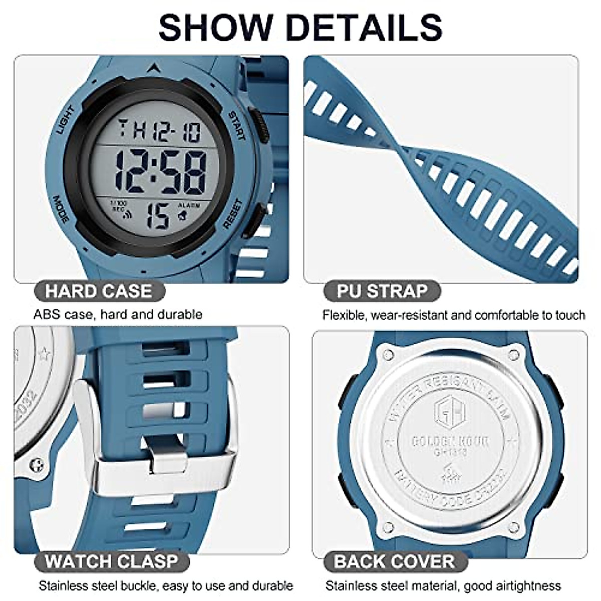 GOLDEN HOUR Mens Waterproof Digital Sport Watches Wide Screen Easy Read Display Military Style with Blue Rubber Strap