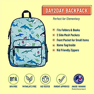Wildkin Day2Day Kids Backpack for Boys and Girls, Perfect for Elementary Backpack for Kids, Features Front and 2 Side Mesh Pocket, Ideal Size for School and Travel Backpacks (Shark Attack)