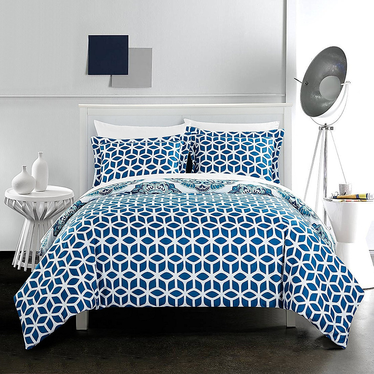 Chic Home Blue Reversible Bed in a Bag Duvet Cover Set, Full/Queen Size (3 Piece), Ibiza - Medallion Boho Pattern Microfiber Bedding with Geometric Printed Backing - Duvet & Pillow Shams
