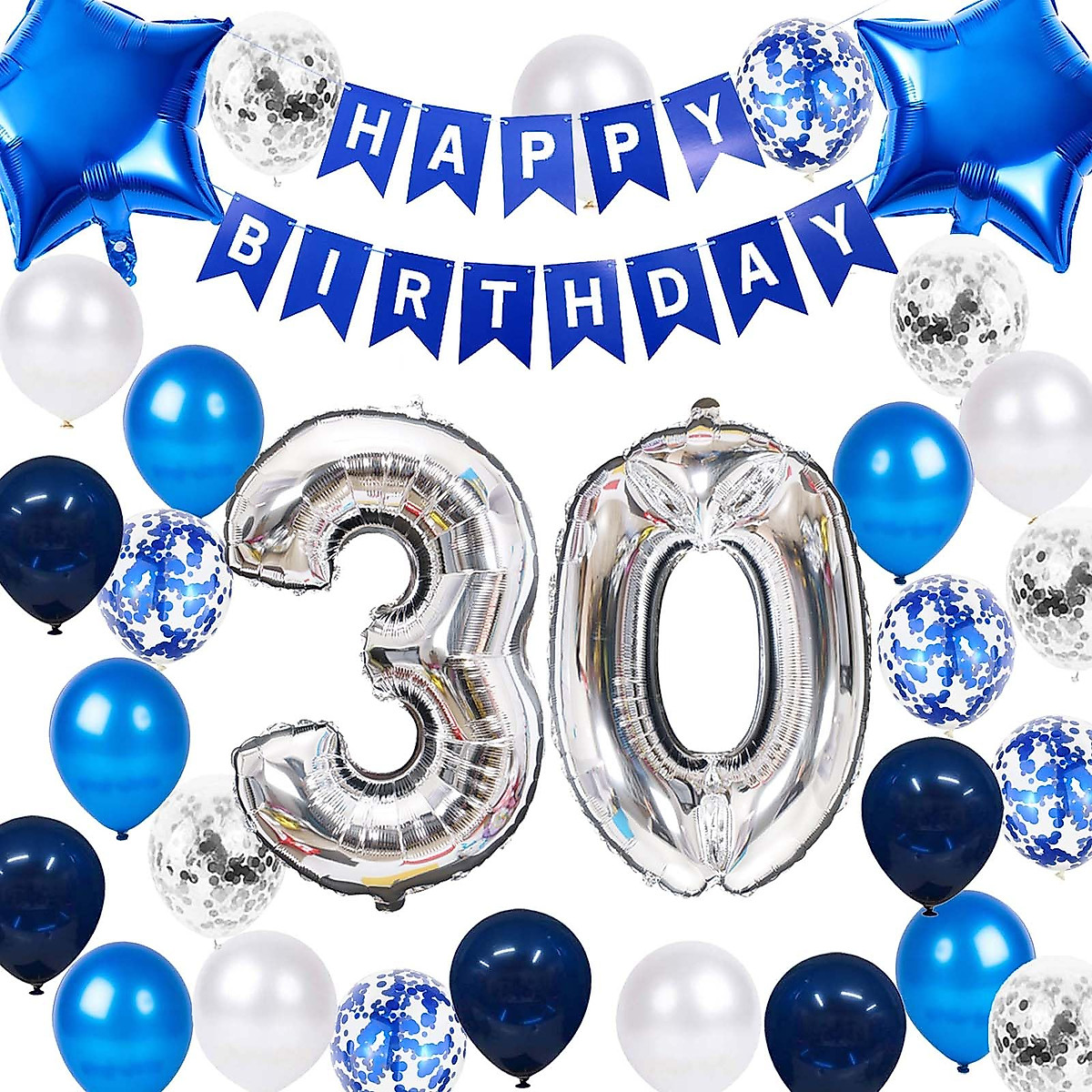 30th Birthday Party Decoration Blue Silver for Men, Happy Birthday Banner Number 30 Birthday Star Foil Balloons Latex Confetti Balloons for Men Him Boyfriends Husband 30 Years Old Birthday(30th)