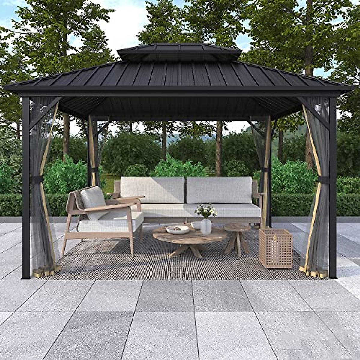 MONDAWE 10x12Ft Hardtop Gazebo with Netting Heavy Duty Permanent Gazebo Galvanized Steel Double Roof Pavilion Steel Frame Canopy Outdoor for Patio Lawn Garden