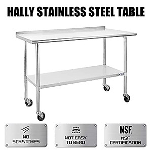 Stainless Steel Table for Prep & Work 24 x 60 Inches with Caster Wheels, NSF Commercial Heavy Duty Table with Undershelf and Backsplash for Restaurant, Home and Hotel
