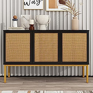 Bellemave Rattan Cabinet Sideboard Buffet Cabinet with Storage Kitchen Storage Cabinets with Rattan Doors Accent Cabinet Credenza for Living Room Dining Room Entryway, Black