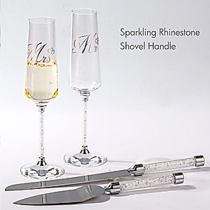 VARLKA Wedding Cake Knife and Server Set, Champagne Flutes Engraved Mr and Mrs for Wedding, Bride and Groom Toasting Flutes, Engagement Gift Wedding Reception Supplies (Clear Diamonds)