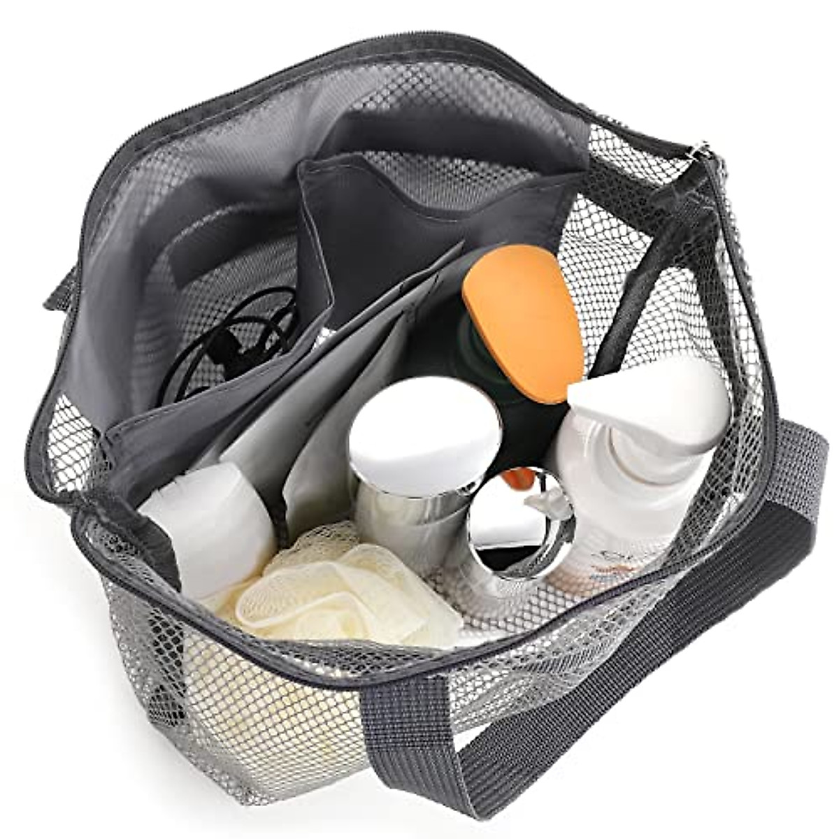 Grevosea Mesh Shower Caddy, Portable Shower Bag Quick Dry Shower Tote Bag with Zipper & 2 Pockets for College Dorms Gym Swimming Beach Travel Sports Games 10.6 * 7.8 Inch (Grey)