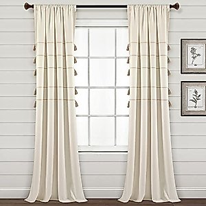 Lush Decor Farmhouse Boho Stripe Woven Tassel Yarn Dyed Cotton Window Curtain Panel Pair, 84" L x 42" W, Ivory & Wheat
