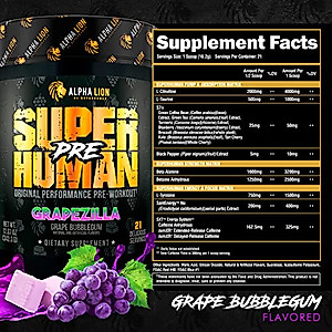 ALPHA LION Superhuman Pre Workout Powder, Beta Alanine, L-Taurine & Tri-Source Caffeine for Sustained Energy & Focus, Nitric Oxide & Citrulline for Pump (21 Servings, Grapezilla)