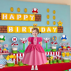 VORLITS Princess Peach Costume Dress For Girls Kids Puff Sleeve Cosplay Dress Up With Peach Crown And Glove