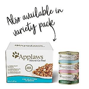 Applaws Natural Wet Cat Food, 24 Pack, Limited Ingredient Food for Cats, Tuna Fillet with Seaweed in Broth, 2.47 oz Cans