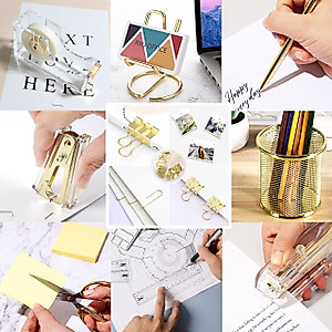 Gold Desk Accessories, Acrylic Stapler, Staple Remover, Tape Holder, Pen Holder, Ballpoint Pen, Scissor, Binder Clips, Staples, Phone Holder, Ruler, Transparent Glue and Sticky Notes