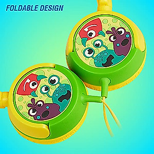 Volkano Wired Kids Headphones with Hearing Protection, Padded Lightweight Kiddy Headset, 85 dB Safe for Children, Girls/Boys, E-Learning, Travel, PC, Cellphones [Yellow/Green] Monster Kiddies Series