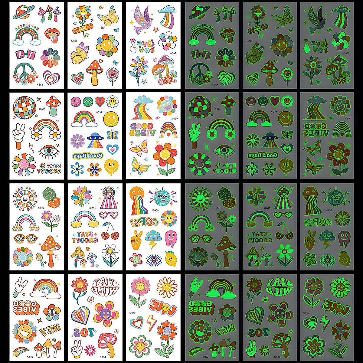 Finduat Glow In The Dark Groovy 70s Temporary Tattoos Stickers Kids Waterproof Luminous Tattoo Stickers Hippie Theme Birthday Party Supplies, Good Vibes Only Favors, Rainbow Arts and Crafts