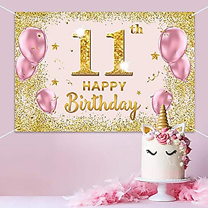 PAKBOOM Happy 11th Birthday Backdrop Banner - 11 Birthday Party Decorations Supplies for Girls - Gold Pink 3.9 x 5.9ft