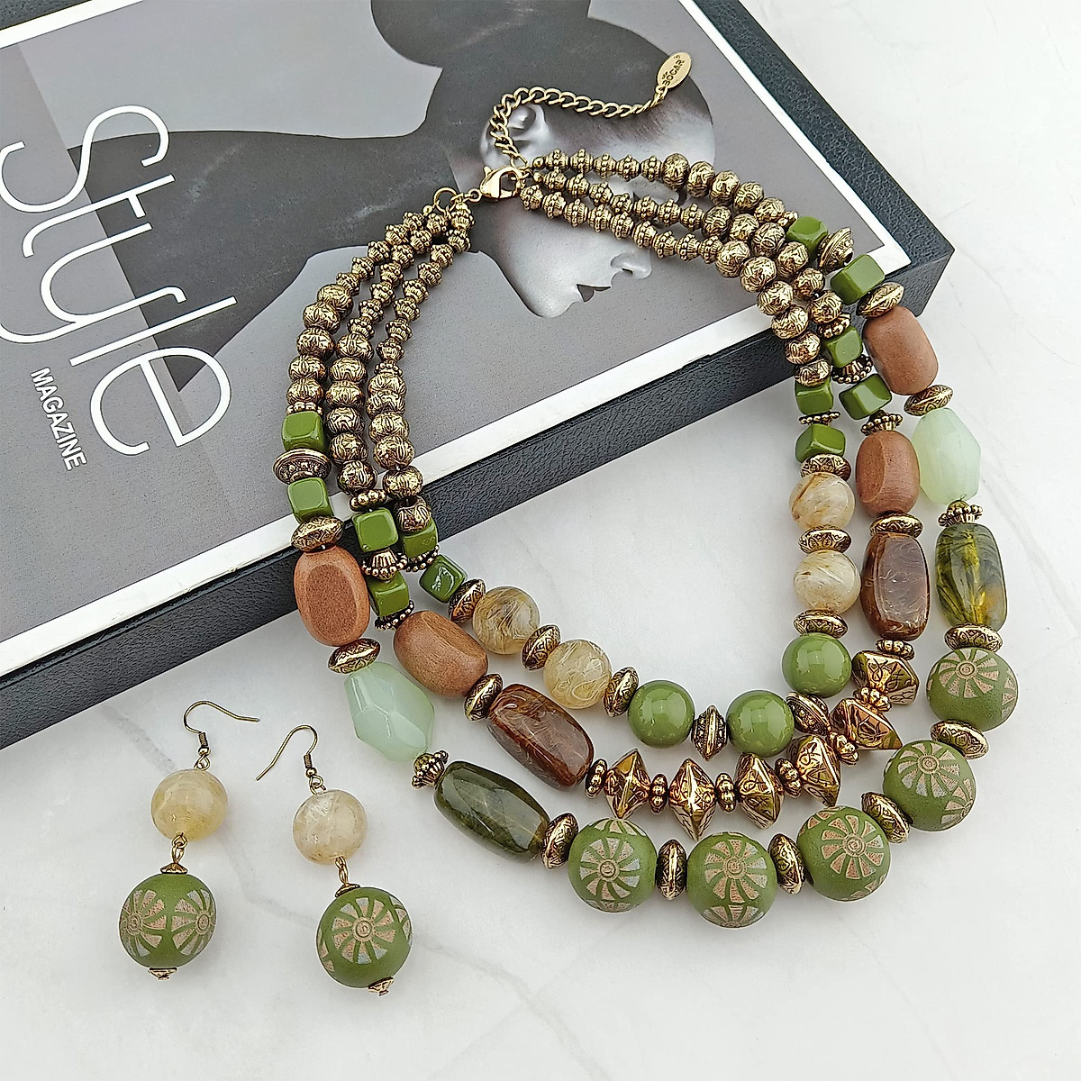 Bocar 3 Layer Chunky Statement Beaded Necklace Set with Earrings Fashion Multi Layer Women Collar Necklace (NK-10625-Olive)