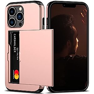 Nvollnoe for iPhone 13 Pro Case with Card Holder Heavy Duty Protective Dual Layer Shockproof Hidden Card Slot Slim Wallet Case for iPhone 13 Pro for Men&Women(Rose Gold)