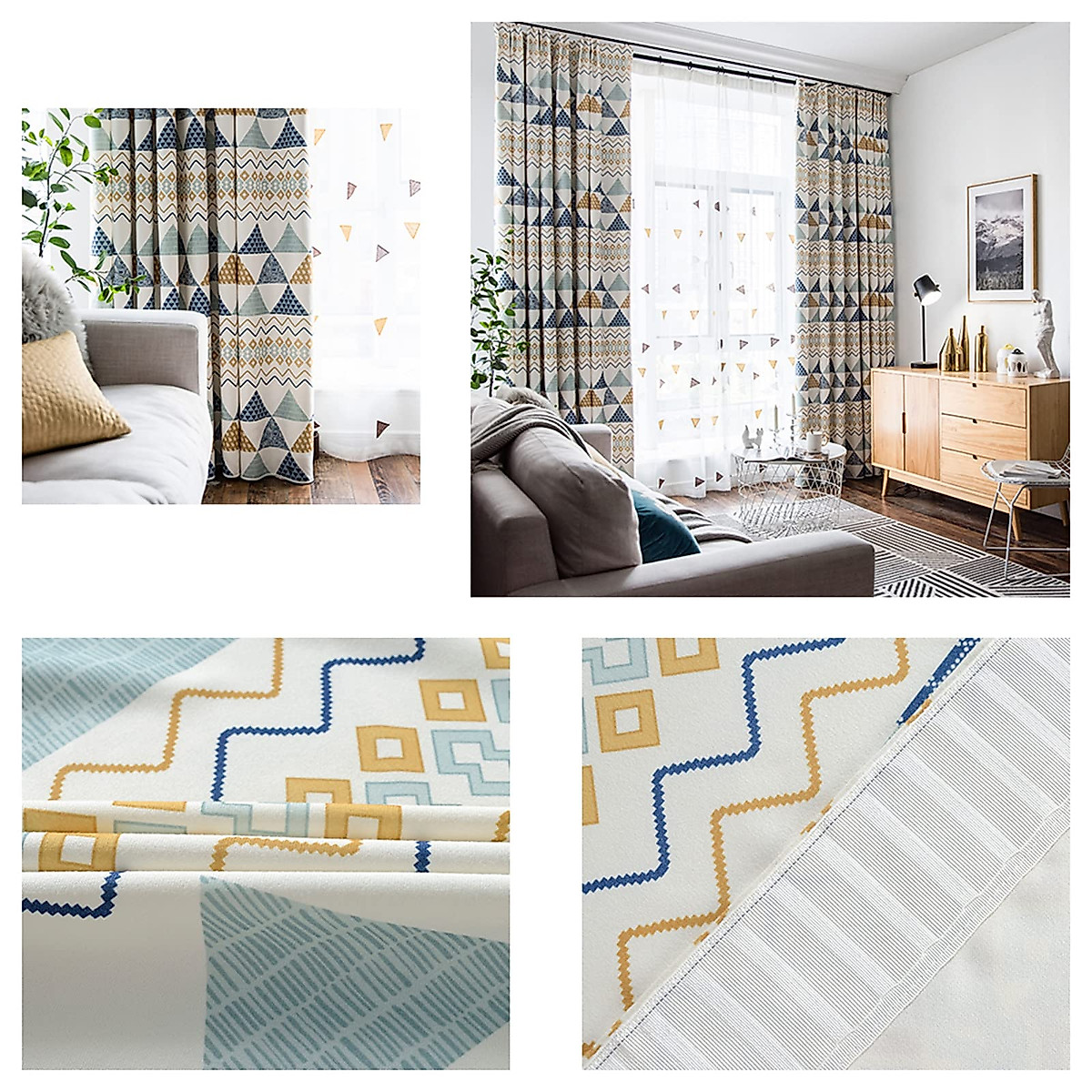 Linen Blackout Window Curtain Triangle Geometric Boho Curtains 96 Inch Long Kids Room Darkening Window Panel Drapes Set for Living, Dining, Bedroom,Diamond Print Window Treatment Drapes ,2 Panels