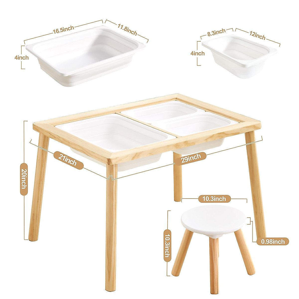 Beright Kids Table and Chair Set, Indoor Sensory Table with 2 Chairs and 3 Storage Bins, Play Sand Water Table for Toddlers, Wooden Activity Table, for Birthday, Christmas