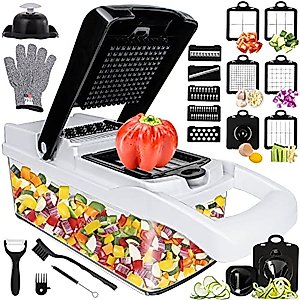 Vegetable Chopper 25 in 1 Multifunctional Onion Chopper Dicer, Spiralizer for Veggie, Mandoline Slicer, Salad Food Chopper with Container, Potato Slicer, Tomato Dicer, Crinkle Cutter, 13 Blades