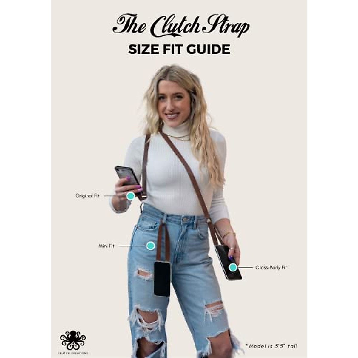 The Clutch Strap Mini Adhesive Phone Carrying Strap with Brown Leather and Brass Hardware, 15-Inches