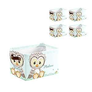 Woodland Owl Green Foldable Custom Personalized Name Storage Bins Basket Cubic Clothes Supplies Organizer,Durable Handle