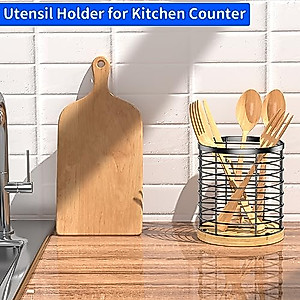 Toosci Kitchen Utensil Holder - Stainless Steel and Bamboo Utensil Holder, Utensil Holder for Kitchen Counter, Large