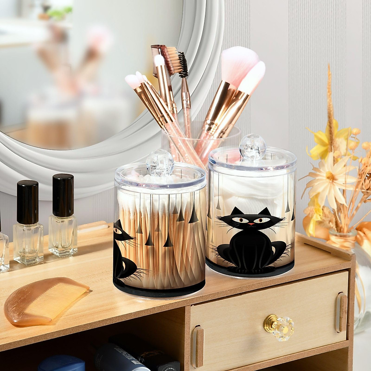 Wassud Cute Black Cat Qtip Holder Dispenser Clear Apothecary Jars with Lids Bathroom Organizers and Storage Canister for Swabs Balls Bathroom Accessories 2 Pack